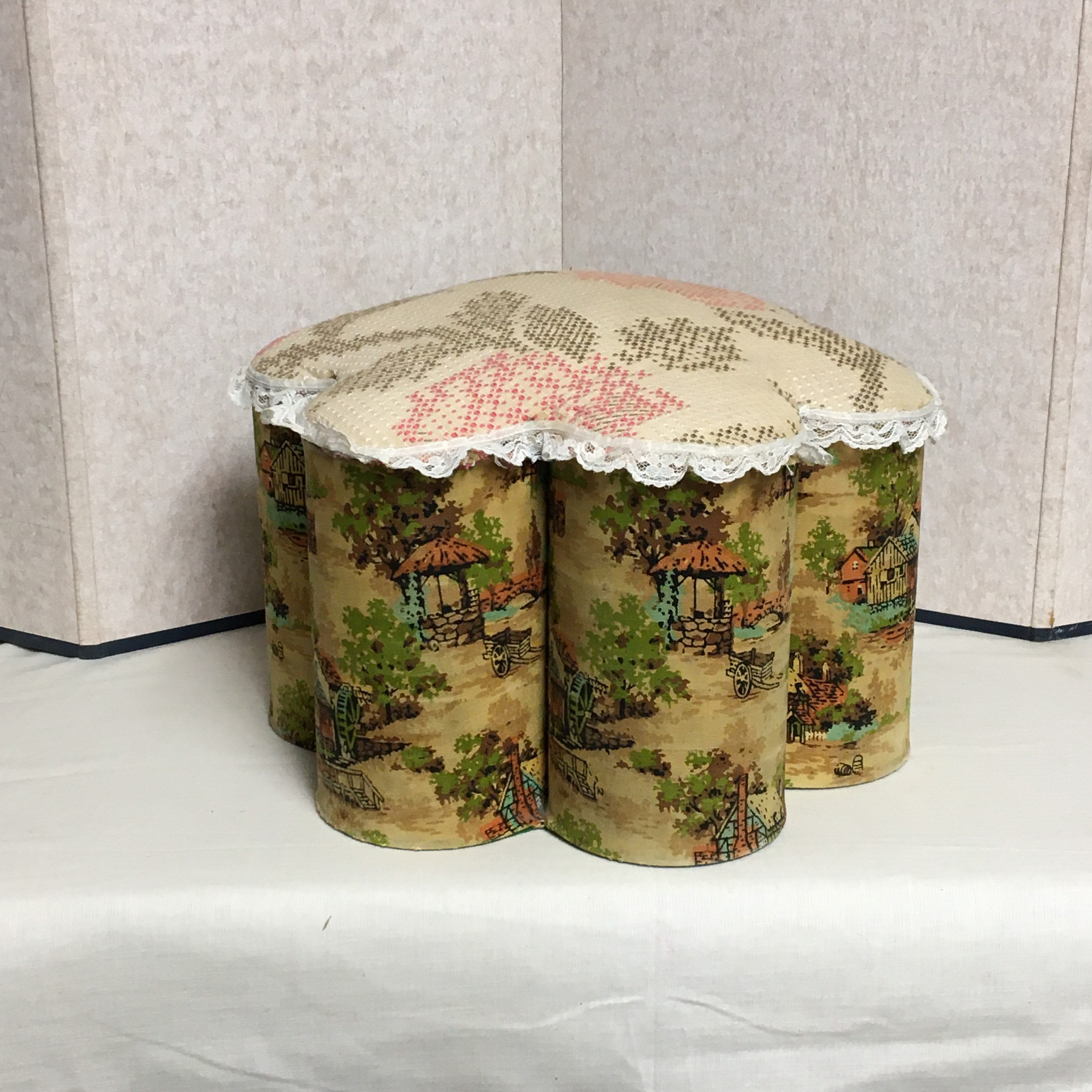 Vintage Homemade Juice Can Footstool, Padded Coffee Can Stool