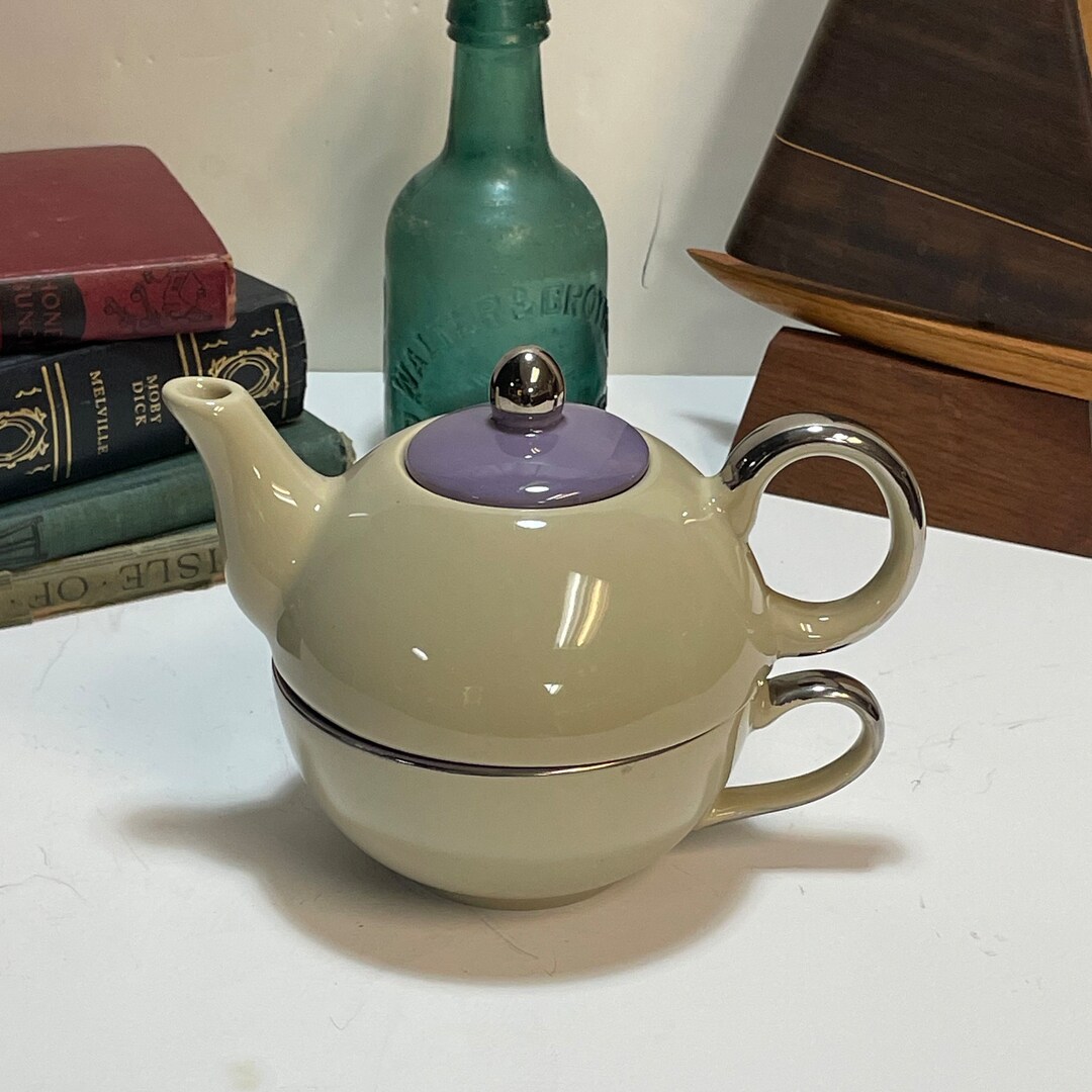 Classic Coffee and Tea Stacking Teapot and Cup, Purple and Tan With Silver Trim, Single Serving ...