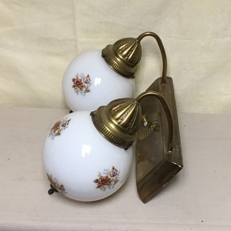 Double Arm Wall Sconce, MCM Vanity Light Fixture, Painted Floral Glass ...