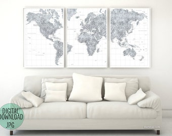 Grayscale world map | Etsy