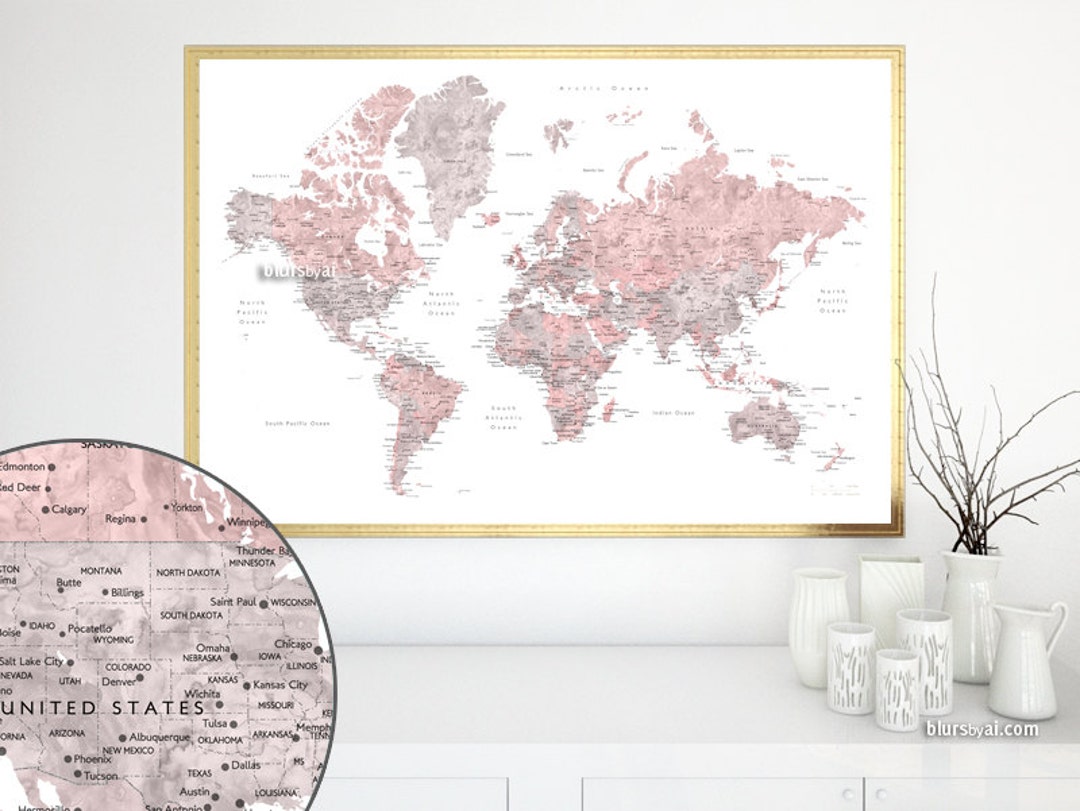 World Map, 36x24 Printable Map, Dusty Pink and Grey, Printable ...
