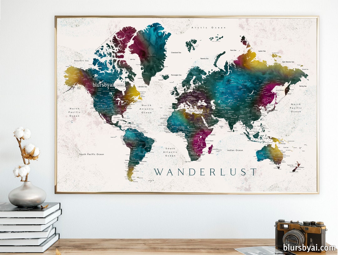 36x24 Printable Detailed World Map With Cities, DIY Push Pin World Map ...