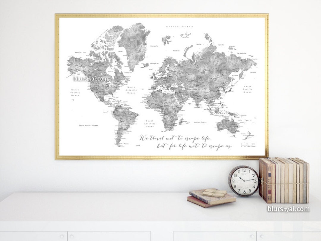 World Map Printable, Gray World Map Poster, Digital Download ...