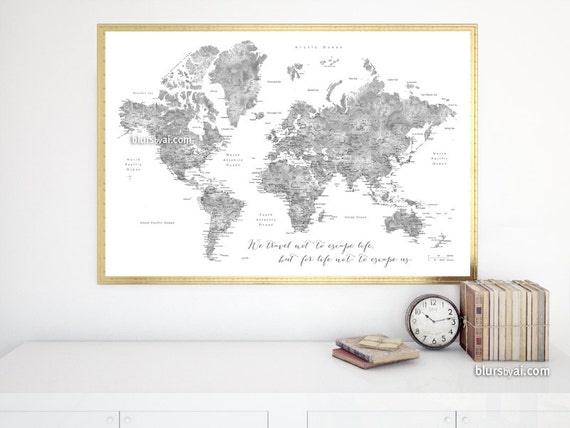 World map printable gray world map poster digital download | Etsy
