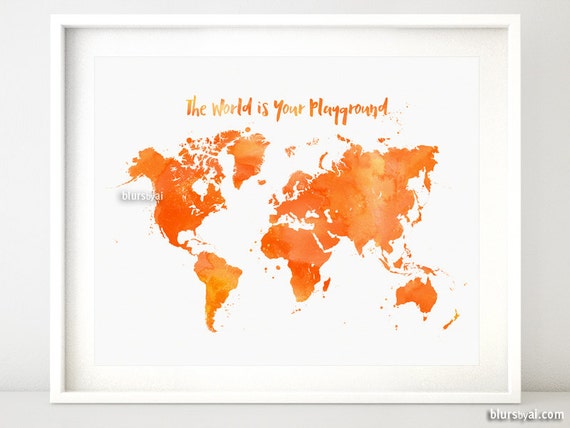 Printable world map orange watercolor mapthe world is your | Etsy