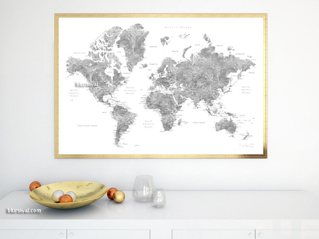 36x24 30x20 Printable World Map With Cities & Capitals, Large Art ...