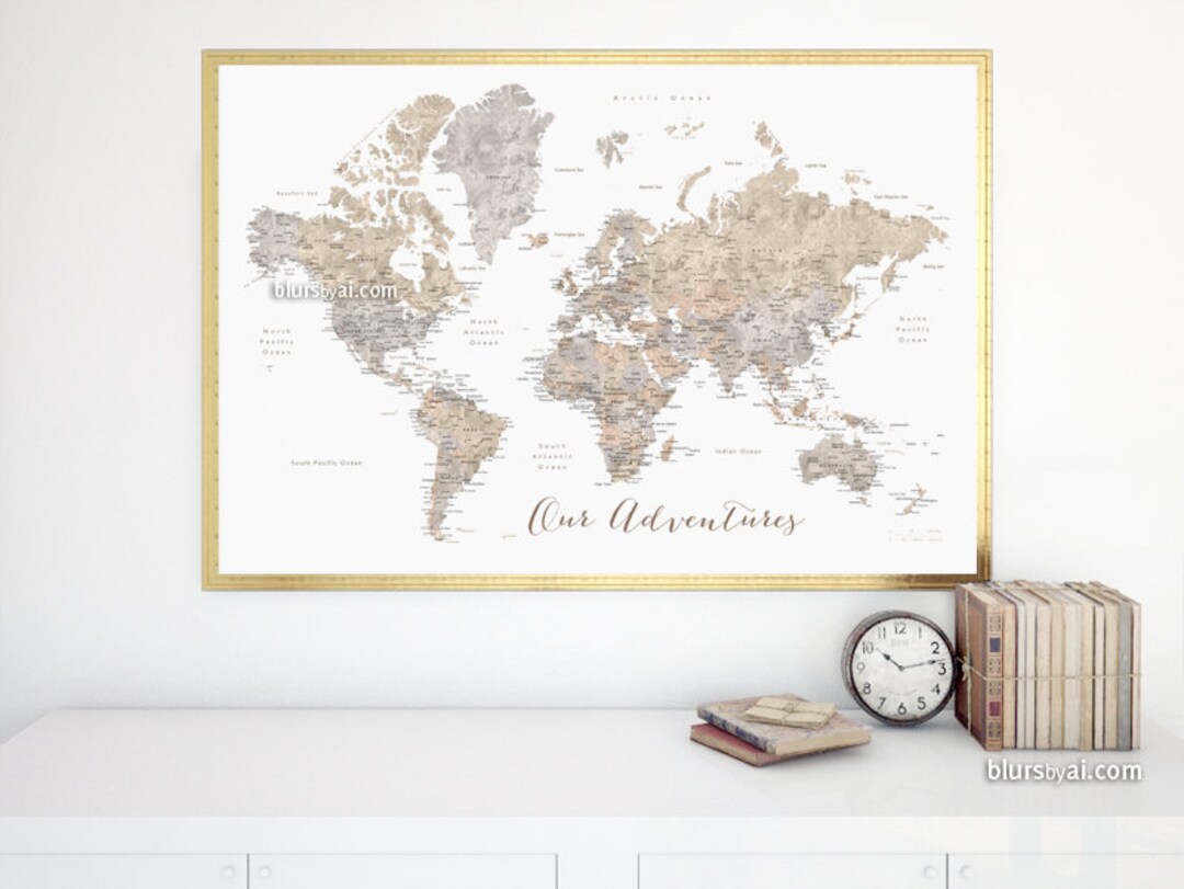 36x24 Printable World Map With Cities & Capitals, Diy Travel Pinboard ...