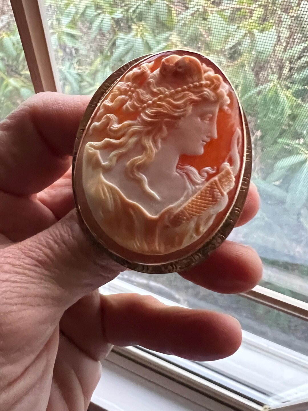 Antique Art Nouveau Carved Shell Cameo of Goddess Artemis 10 K Gold ...