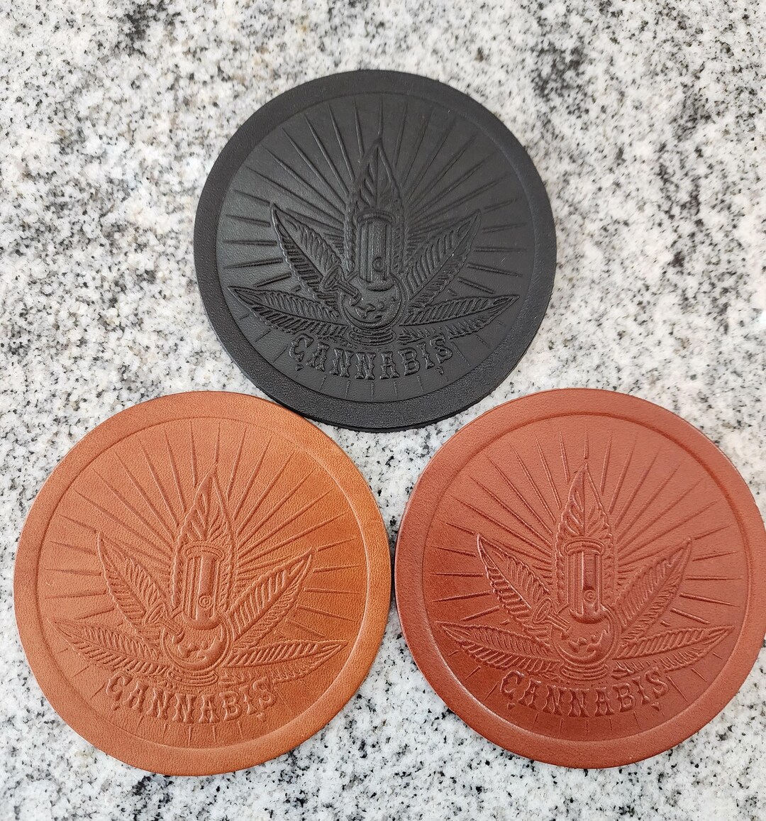 Set of 4 Leather Coasters With Cannabis Leaf Pattern and Bong, Choose ...