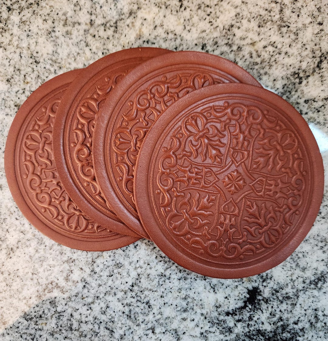 Set of 4 Leather Coasters, Choose Color, Quality Leather 8-to-10-ounce ...