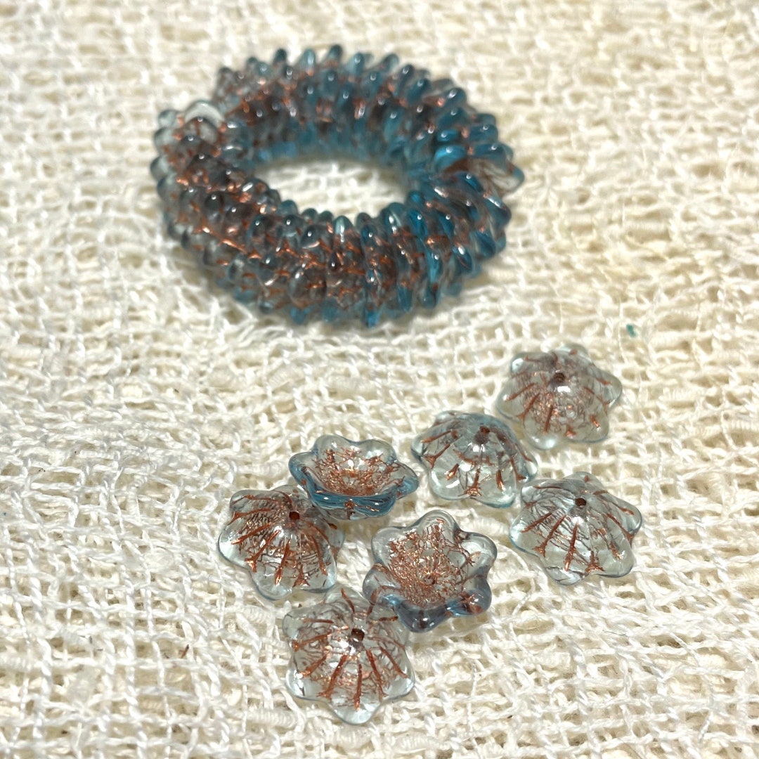Czech Glass 12mm Wide Bell Flower Cup Beads - Aqua With Copper Lines ...