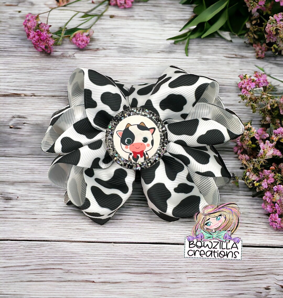 Black and White Cow Ribbon Hair Bow Hair Bow for Girls Cow Hair Bow ...