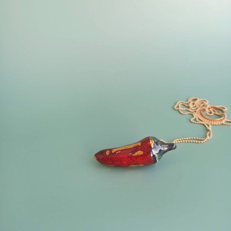 Chilli Pepper Pendant, Gold Pendant, Red Glazed, Gold Covered, Real ...