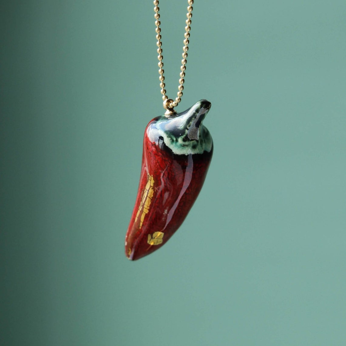 Chilli Pepper Pendant, Gold Pendant, Red Glazed, Gold Covered, Real ...