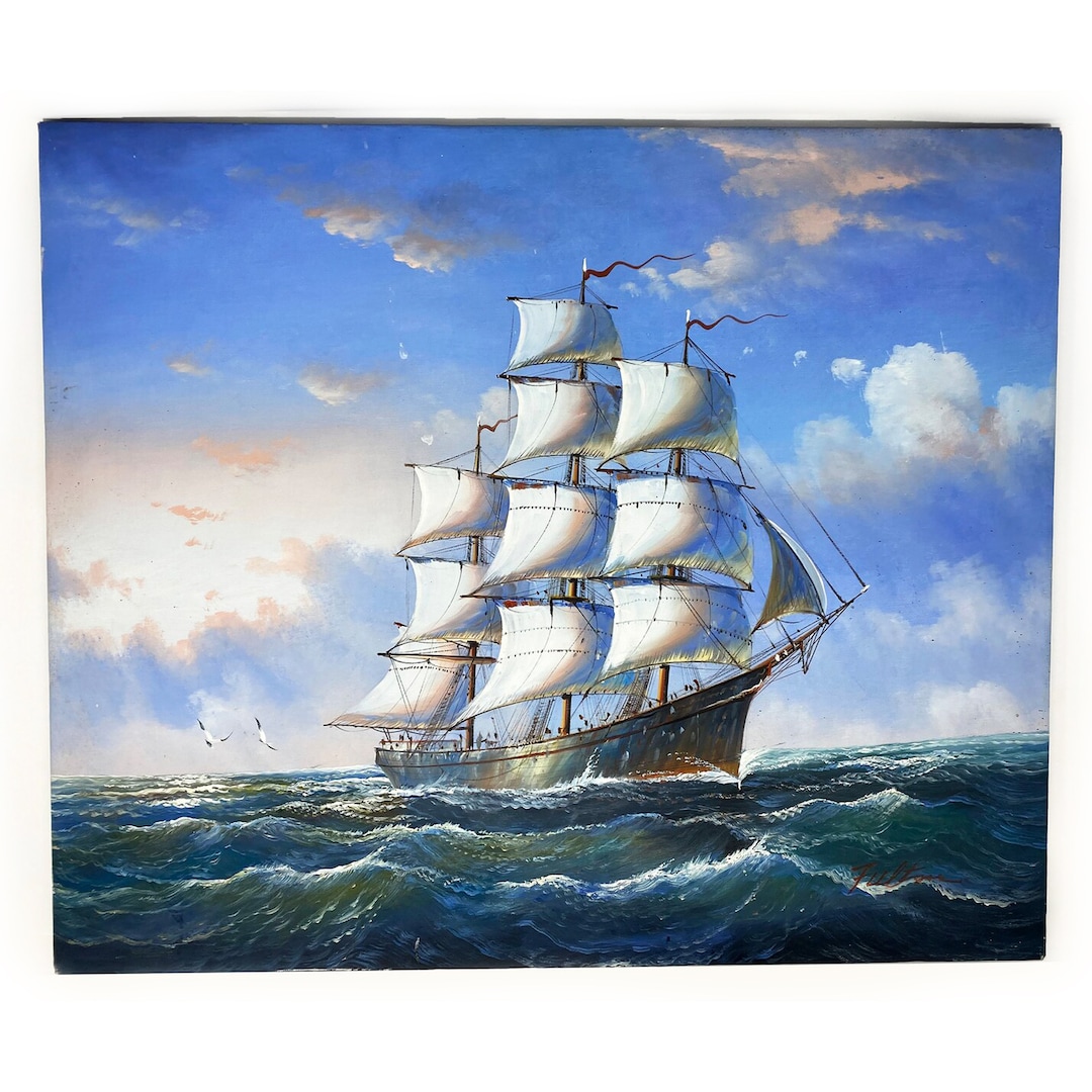 Vintage Original Oil Painting Ship at Sea, Original Ship Oil Painting ...