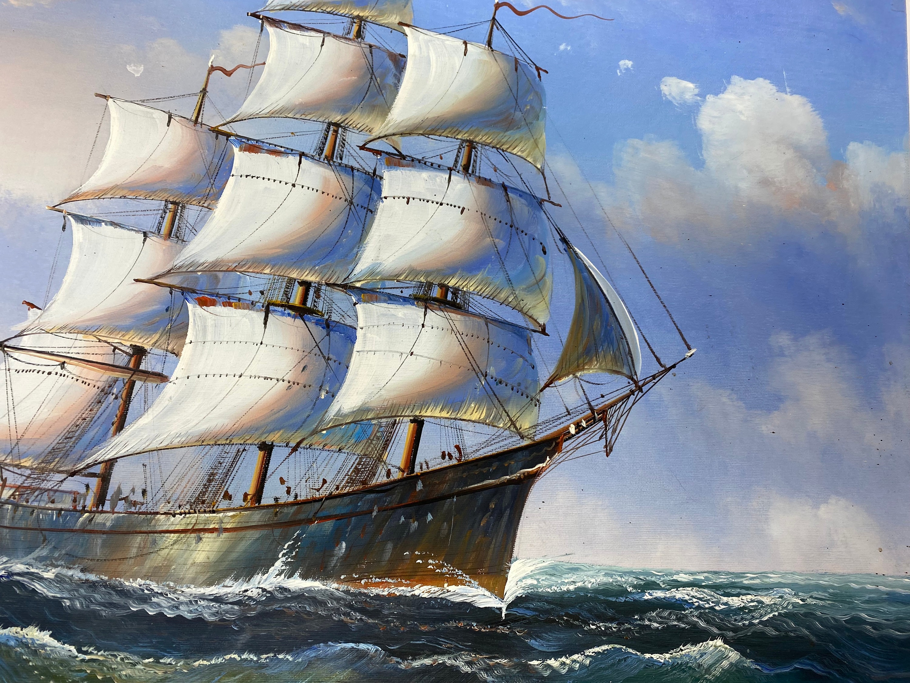Vintage Original Oil Painting Ship at Sea, Original Ship Oil Painting ...