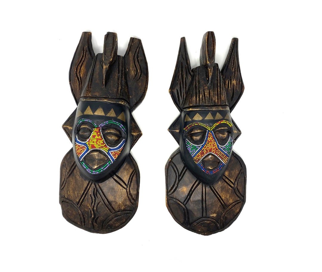 Vintage Original Beaded African Wood Dove Masks, Ghana Wood Mask ...