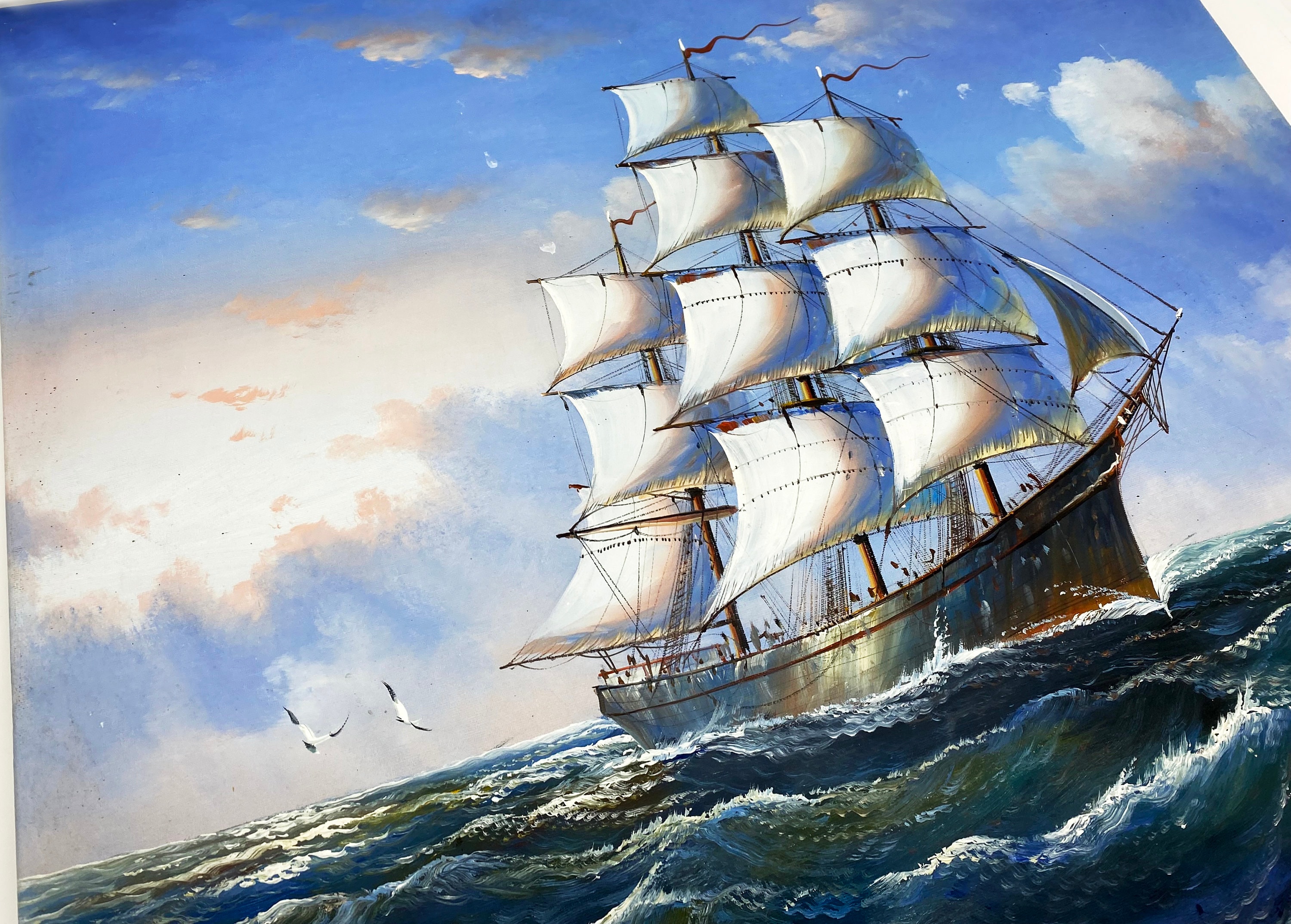 Vintage Original Oil Painting Ship at Sea, Original Ship Oil Painting ...