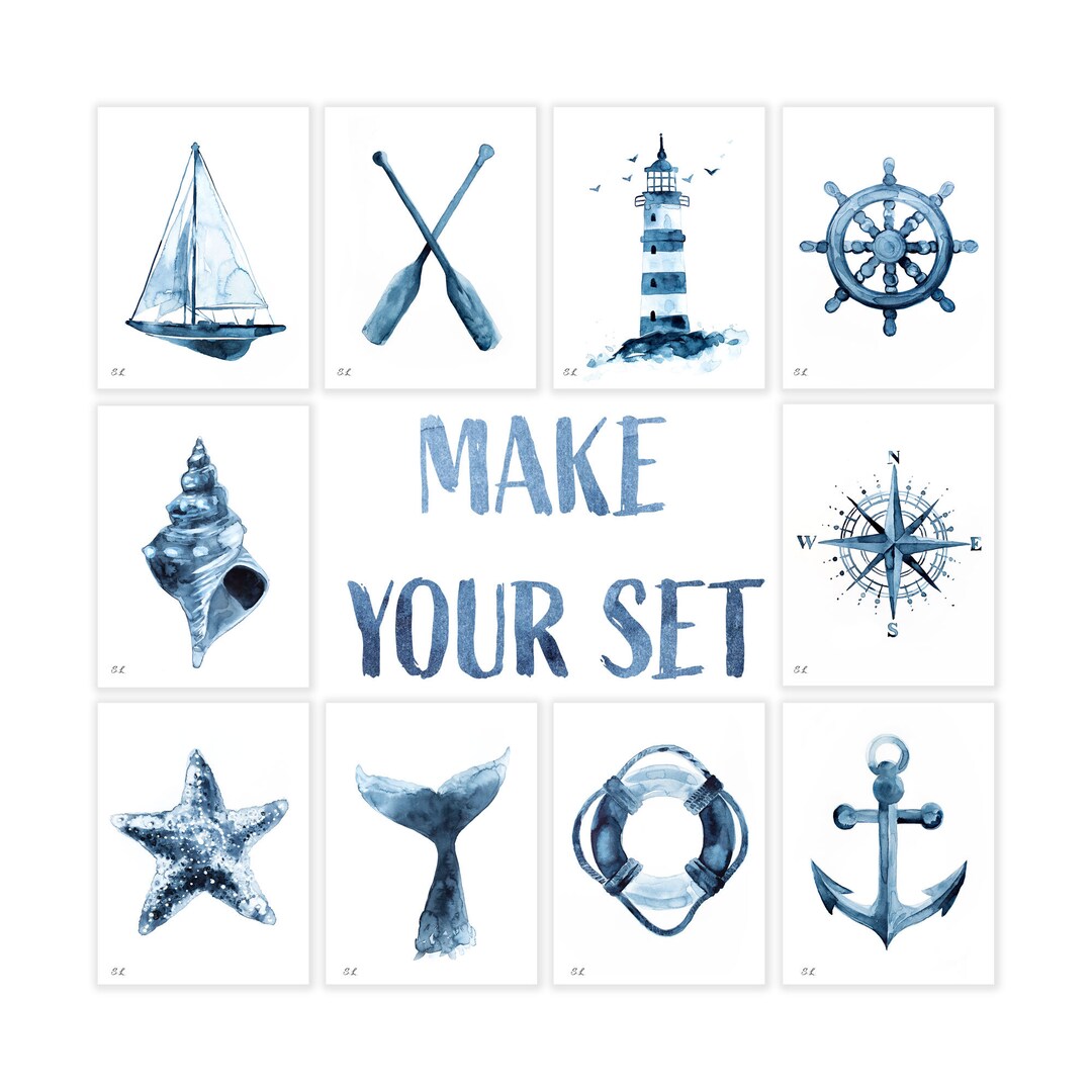 Set of Nautical Watercolor Prints, Beach House, Navy Blue Paintings ...