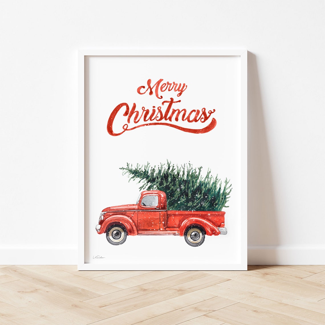 Christmas Truck Print, Red Vintage Pickup Truck, Christmas Tree Home ...