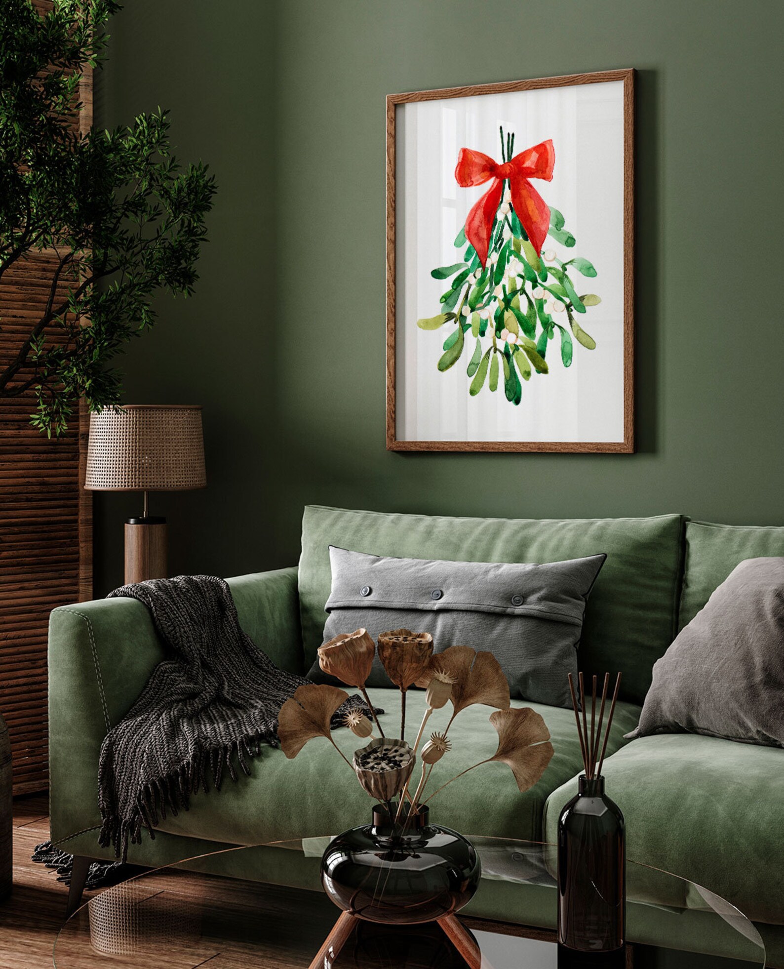 Christmas Mistletoe Watercolor Painting Print, Holiday Decor, Plant ...