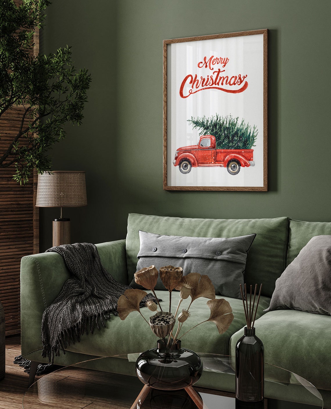Christmas Truck Print, Red Vintage Pickup Truck, Christmas Tree Home ...