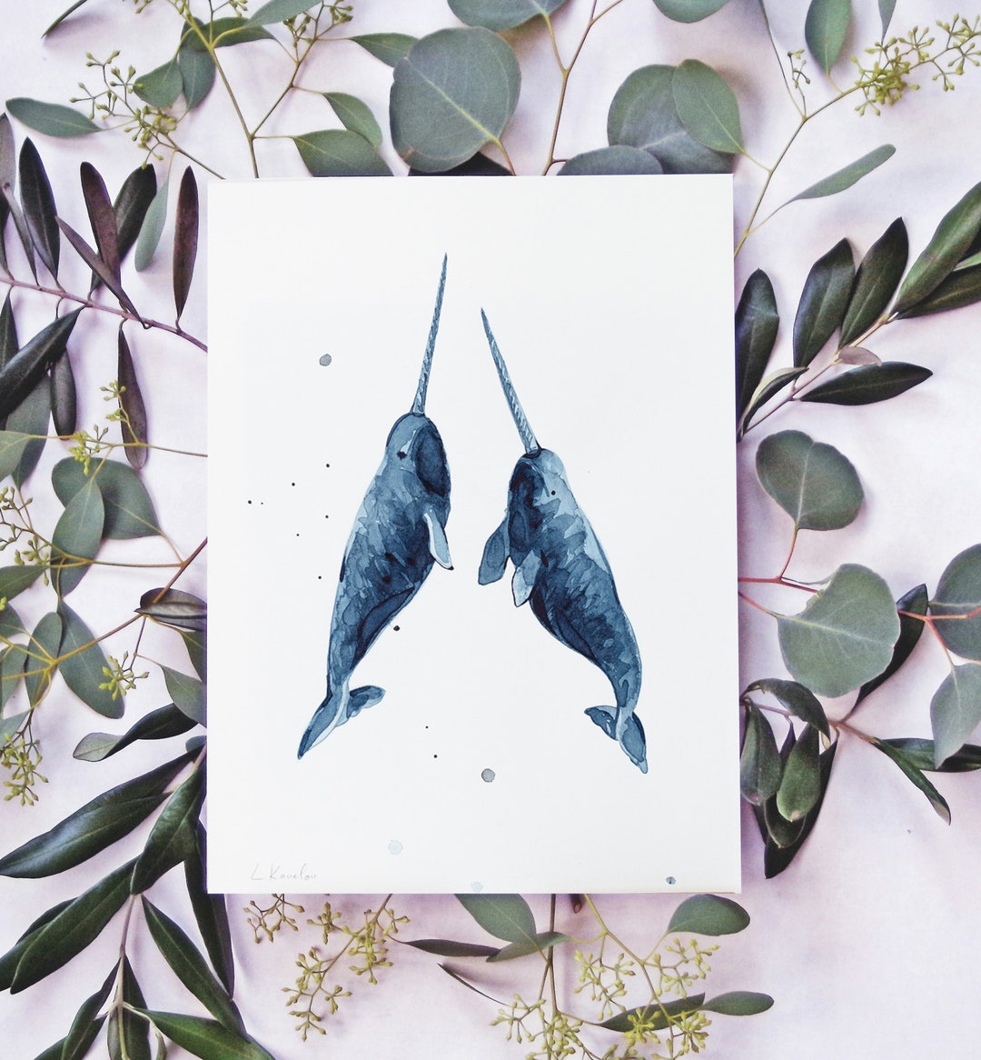 ORIGINAL Narwhals Watercolor Painting, Hand-painted Artwork, One-of-a-kind Watercolor Original ...