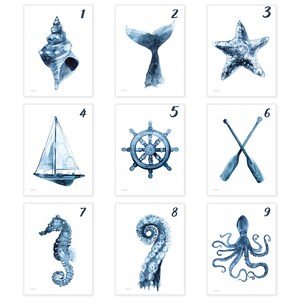 Set of Nautical Watercolor Prints, Beach House, Navy Blue Paintings ...