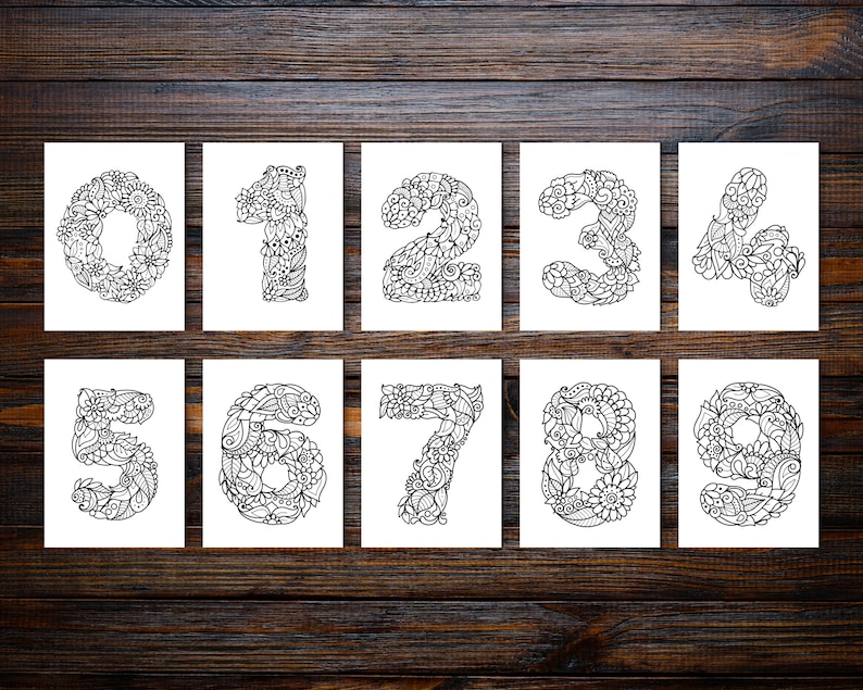 Floral Number Coloring Pages. Doodle 0-9 Number Coloring. Printable ...