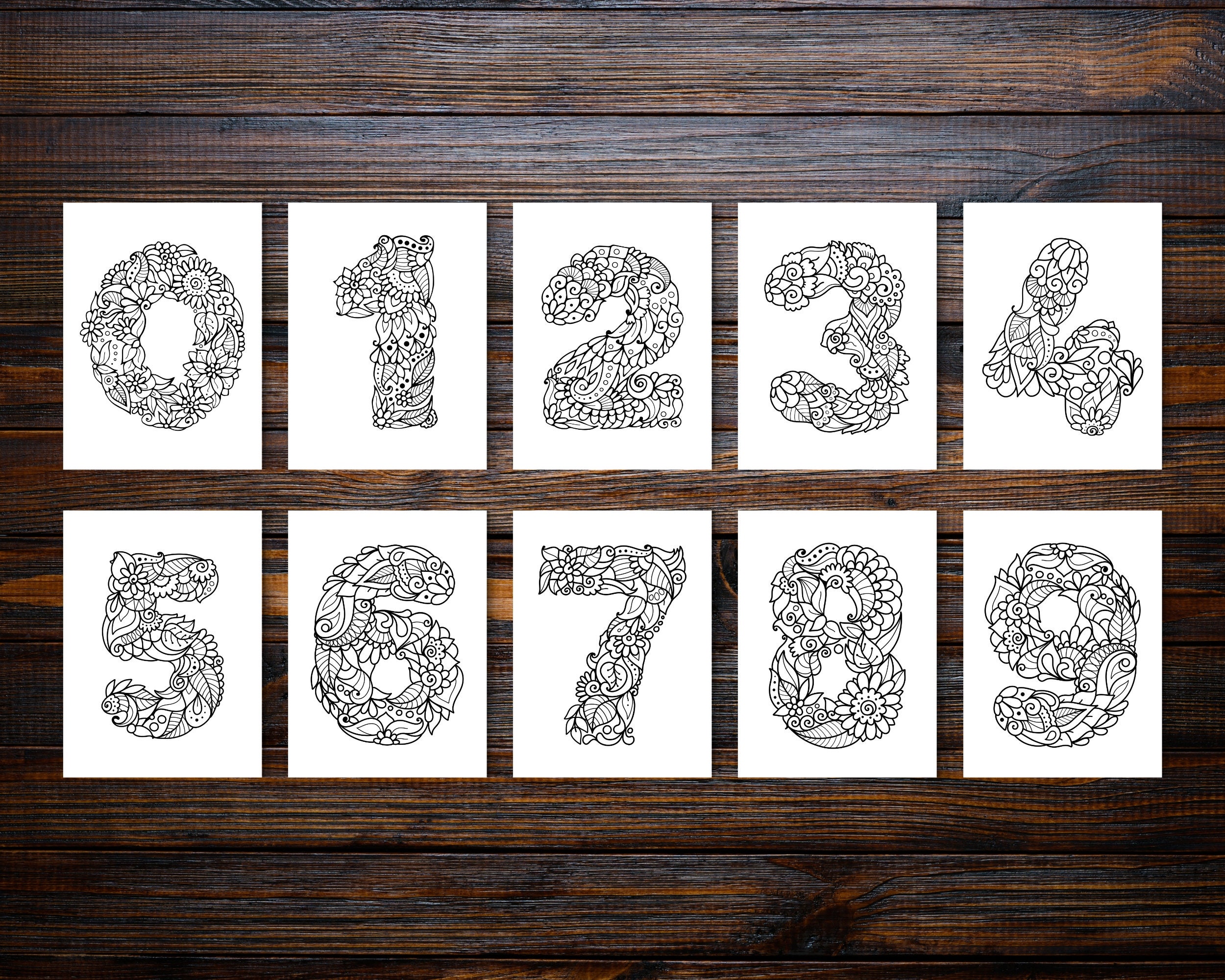 Floral Number Coloring Pages. Doodle 0-9 Number Coloring. Printable ...