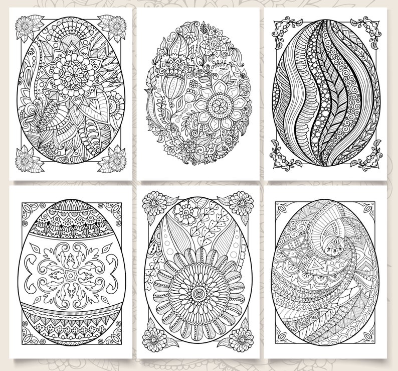 Easter Eggs Coloring Book, 6 PDF Detailed Coloring Pages, Zentangle ...