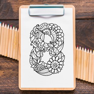 Floral Number Coloring Pages. Doodle 0-9 Number Coloring. Printable ...