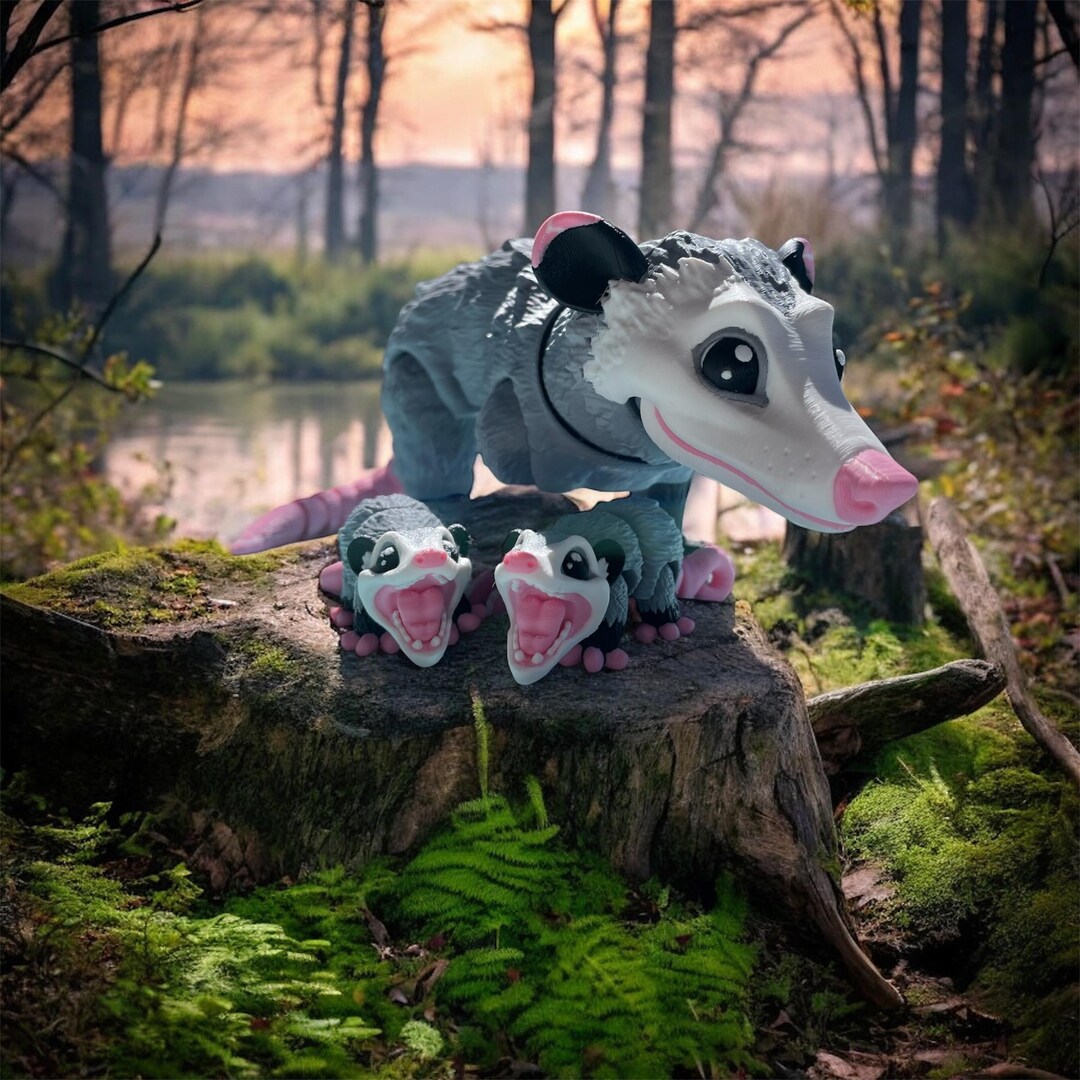 3D Printed Cute Flexi Opossum W/ 2 Baby's Articulated Fidget Flexy ...