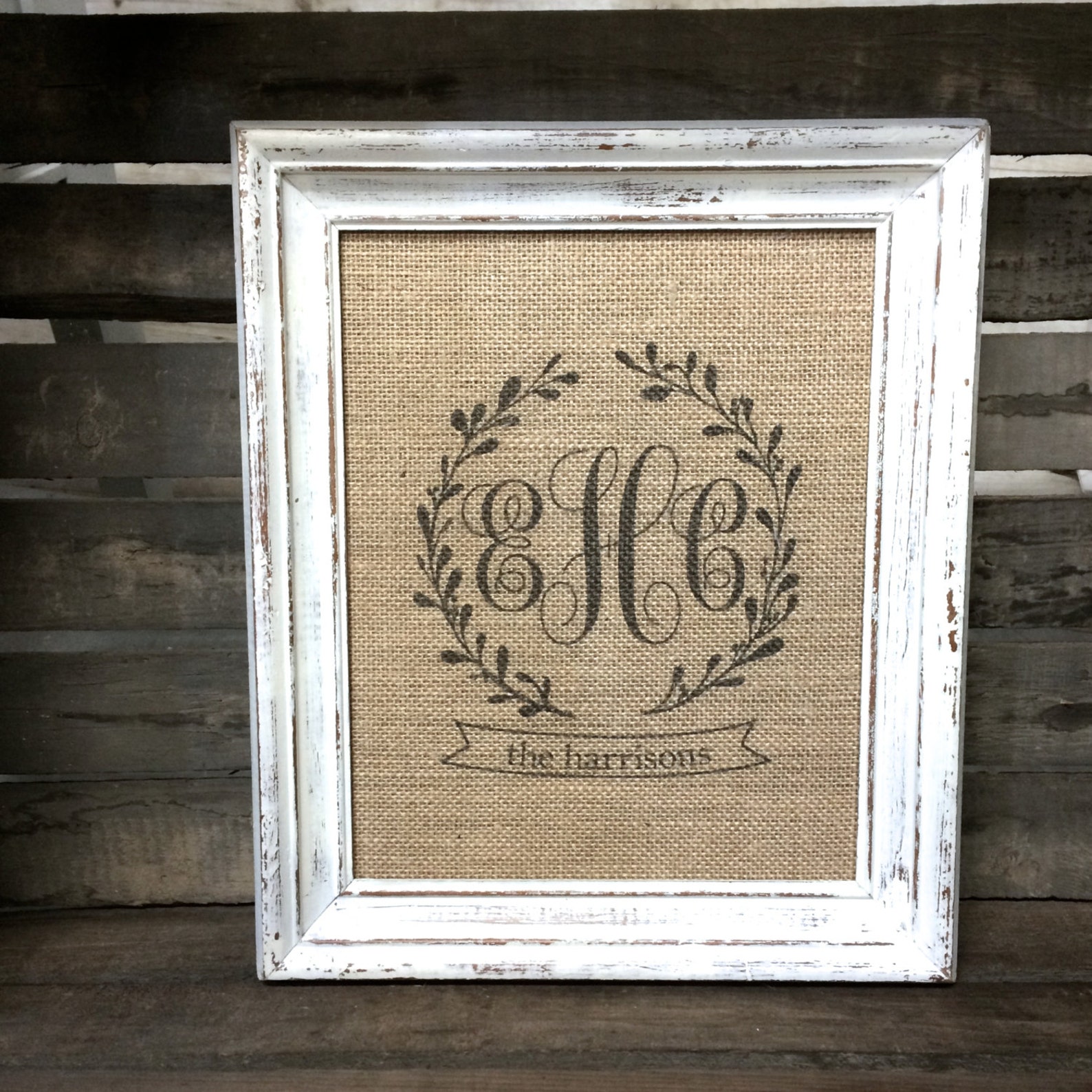 Triple Monogram Burlap Sign or Cotton Art Print Couple's - Etsy