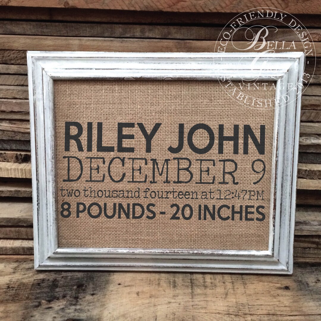 Rustic Birth Announcement Sign Burlap or Cotton Art Print Nursery Baby ...