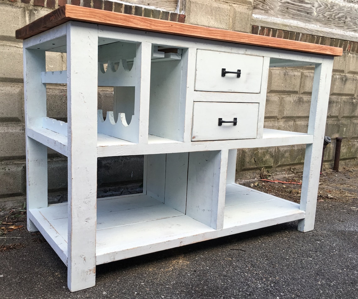 Farmhouse Kitchen Island With Solid Wood Top, Wine Rack & Storage ...