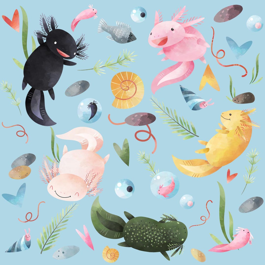 Axolotl Fabric - Blue Quilting Cotton - Salamander Fabric - Mexican ...