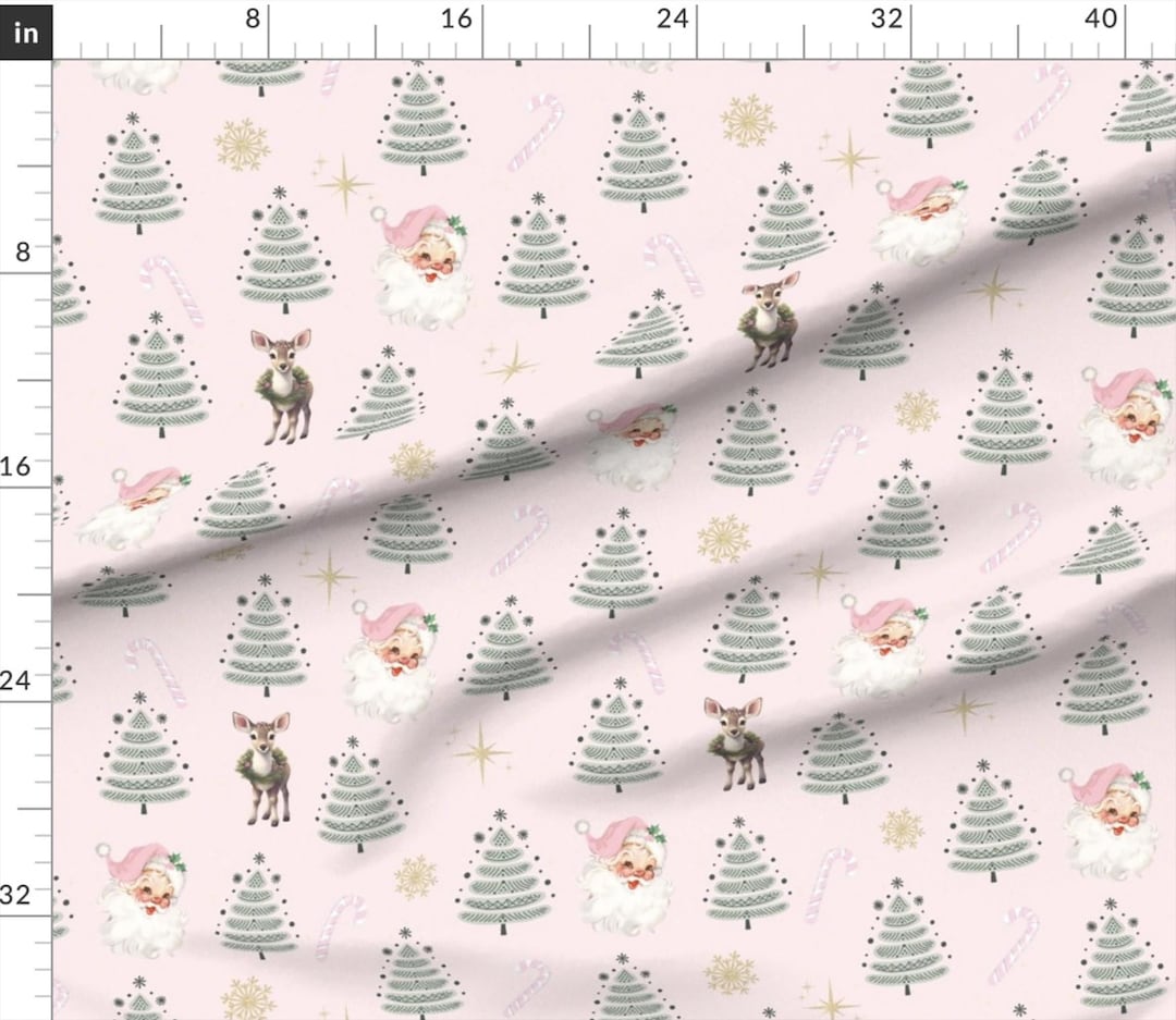 Vintage Santa Fabric Pink Retro Santa Fabric 1950s Retro Snowflakes ...