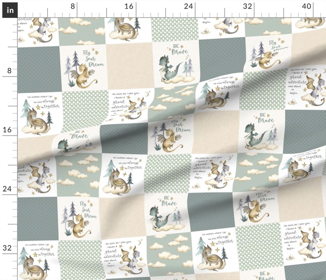 Dragons Cheater Quilt Fabric - Cute Dragon Fabric - Gender Neutral Patchwork Fabric - Sage Green ...