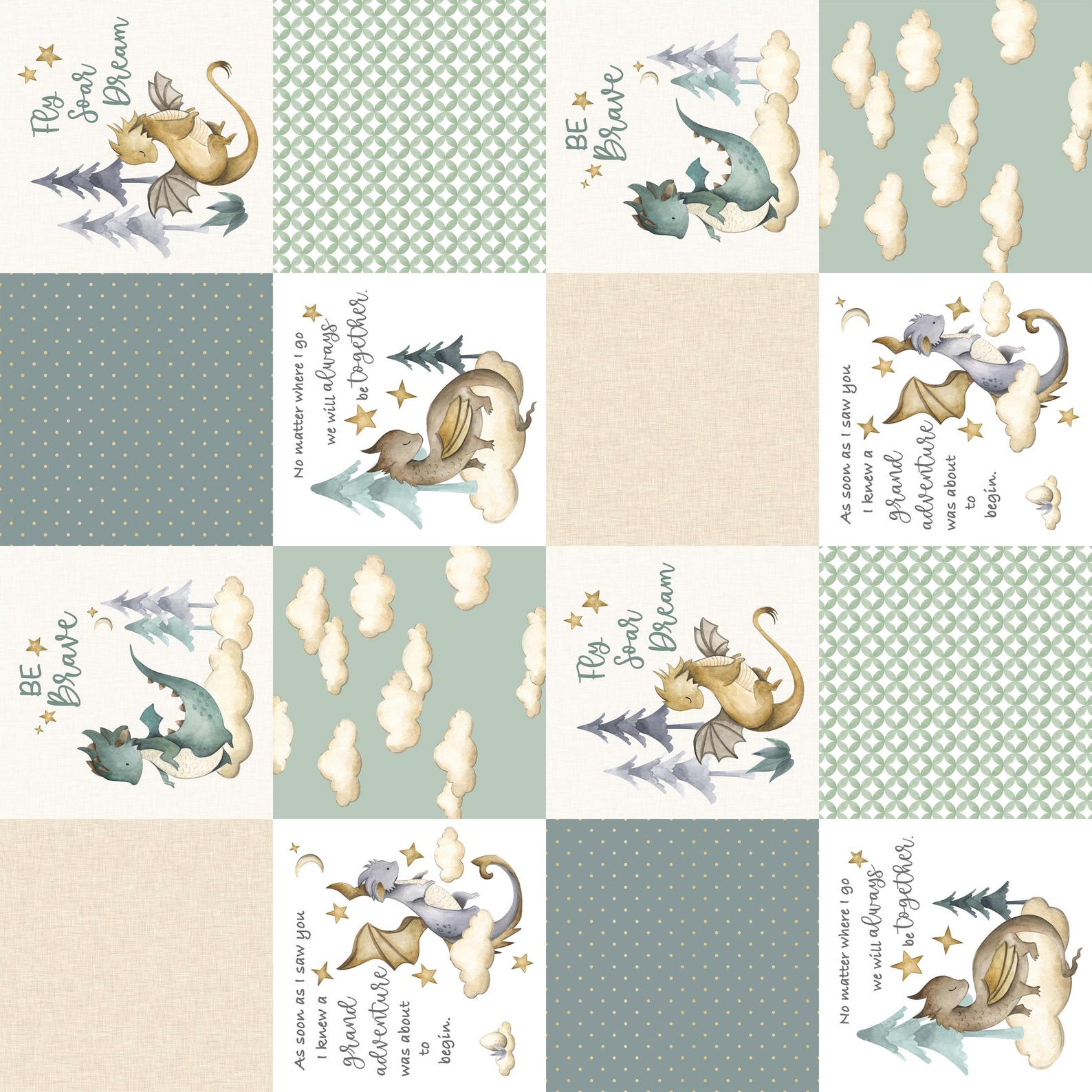 Dragons Cheater Quilt Fabric - Cute Dragon Fabric - Gender Neutral Patchwork - Sage Green and ...