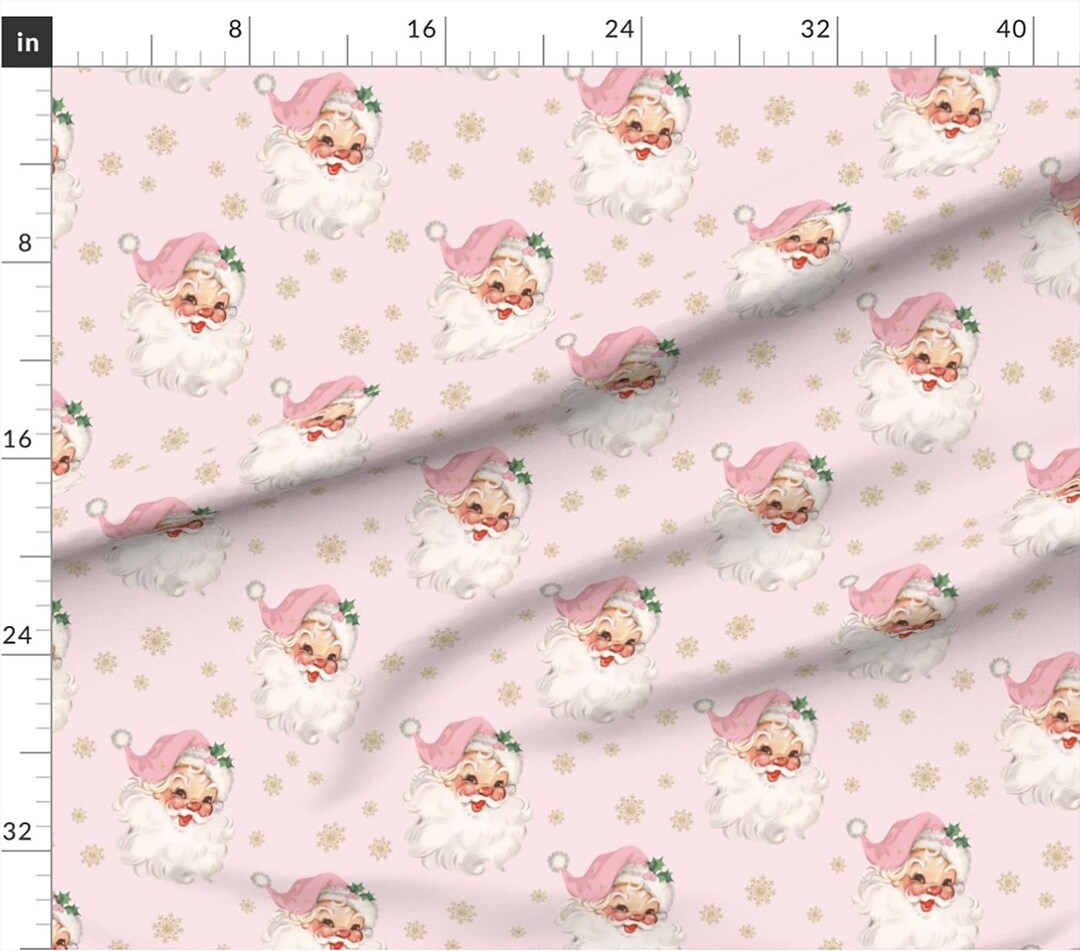 Vintage Santa Fabric - Pink Retro Santa Fabric - 1950s Retro Gold ...