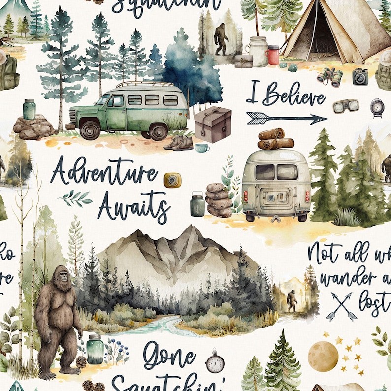 Bigfoot Fabric - Sasquatch Forest Fabric - Whimsical Cryptid ...