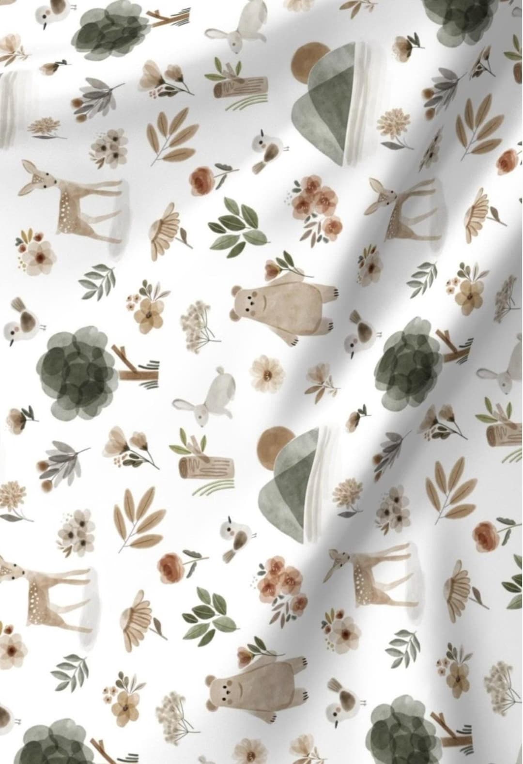 Gender Neutral Cotton Fabric, Sage Green Woodland Animals Minky, Fat ...