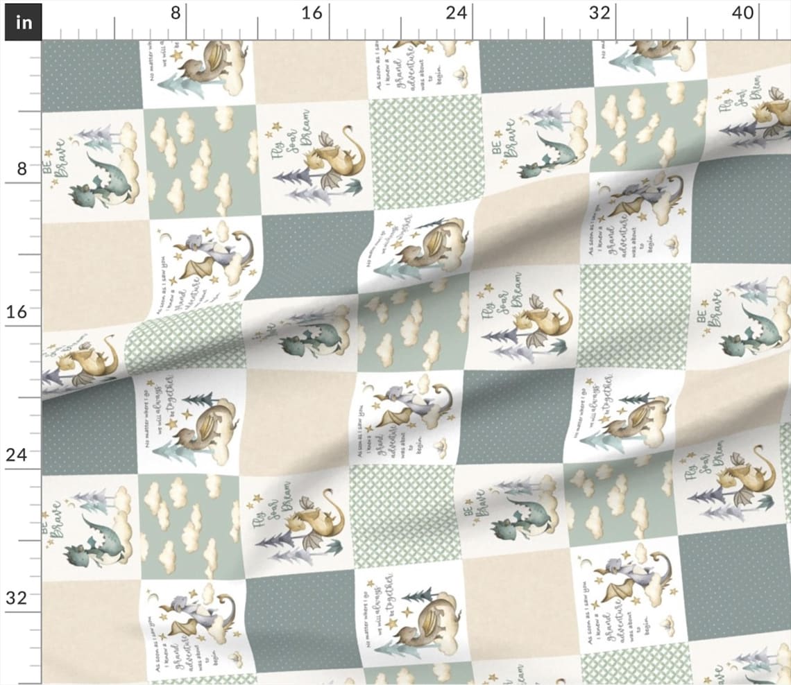 Dragons Cheater Quilt Fabric - Cute Dragon Fabric - Gender Neutral Patchwork - Sage Green and ...