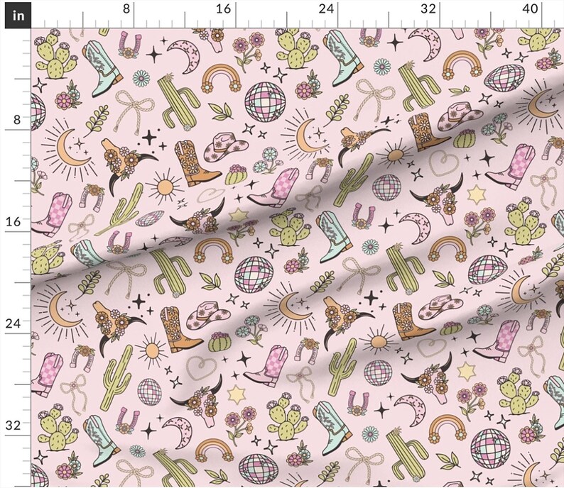 Disco Cowgirl Fabric - Pink Cowgirl Boots - Western Cheater Quilt - Fun ...