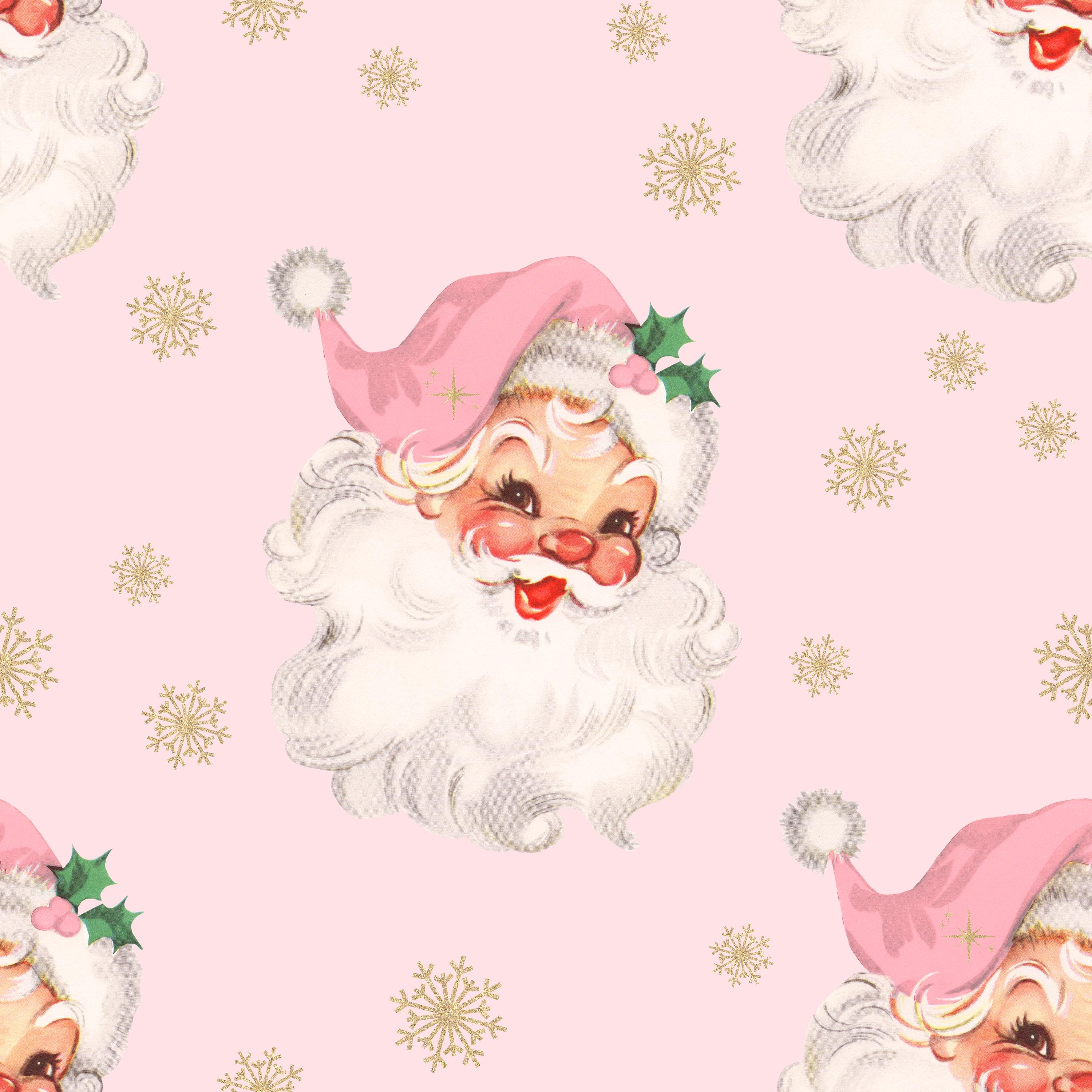 Vintage Santa Fabric - Pink Retro Santa Fabric - 1950s Retro Gold ...