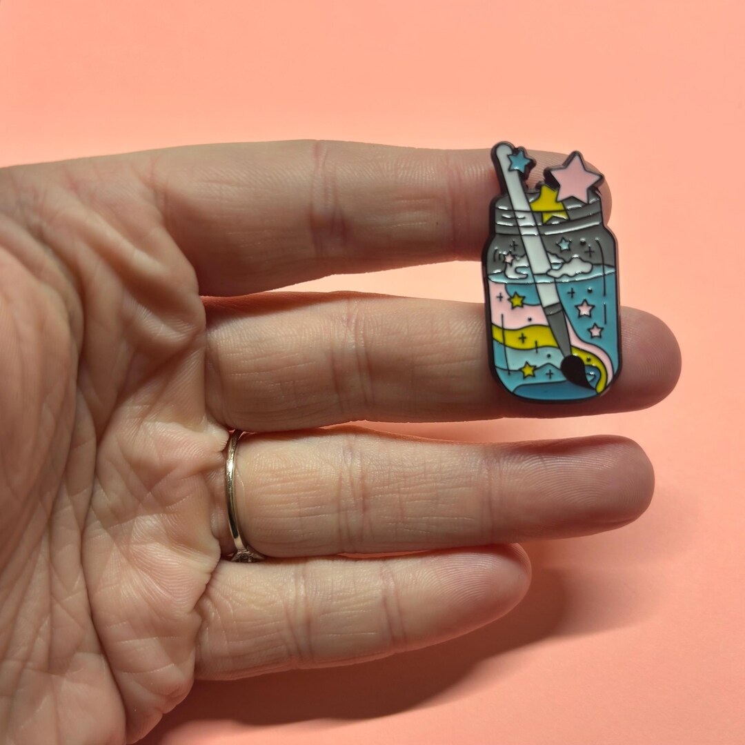 Artist Jar Enamel Pin Cute Paintbrush Starry Water Pin Pink Blue Yellow ...