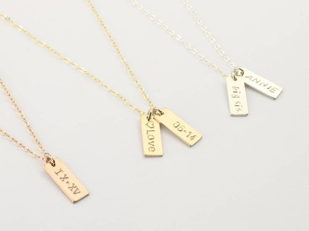 Small Bar Tag Necklace. Kids Names, Initials or Dates on Bar Tags. Gold ...