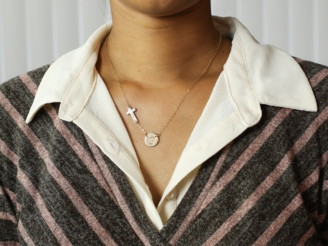 Cross Initial Necklace. Sideways Cross Necklace. Custom Hand Stamped ...