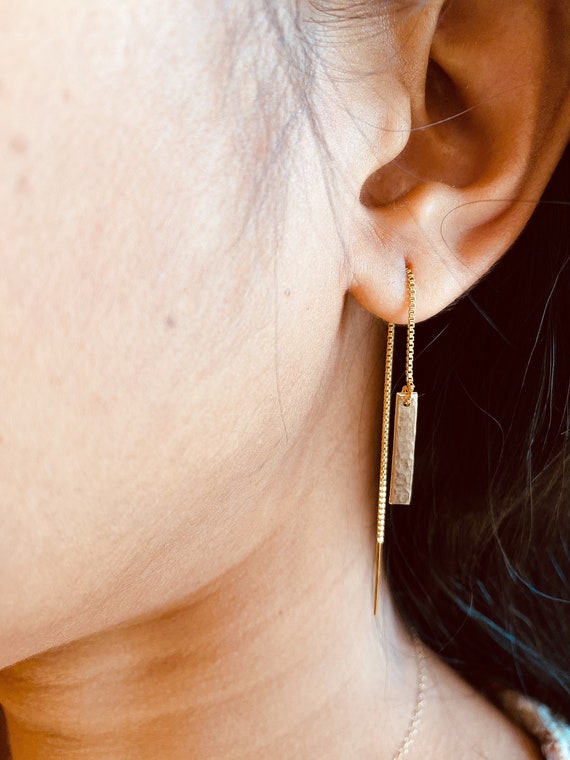 Long Hammered Bar Earrings. Gold Bar Threader Earrings. Long Dangle Earrings. Bar Threader Earring Dangle. 14k Gold Fill or Sterling Silver Etsy